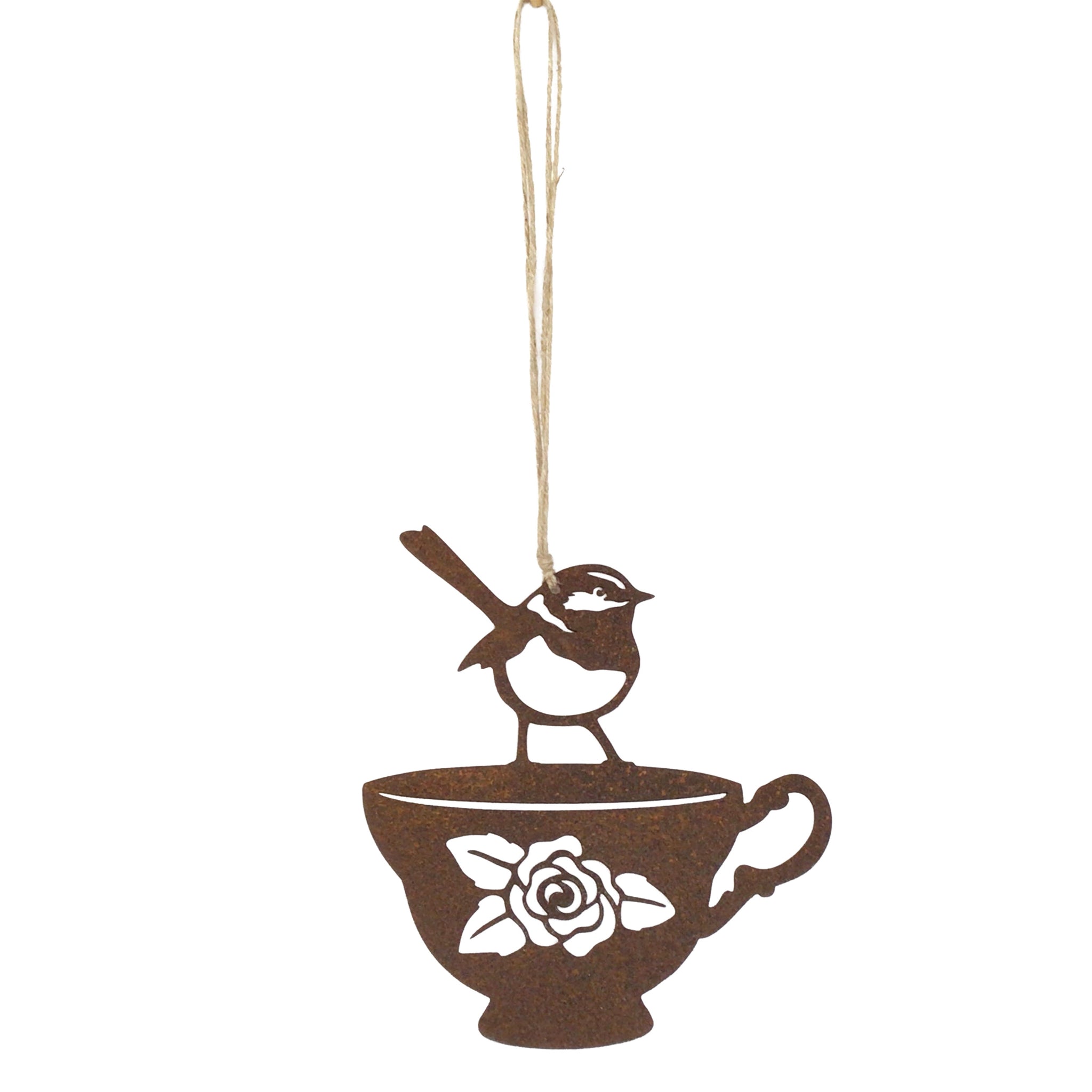 Metal Fairy Wren on Teacup Hanging Garden Art | Design to Fab